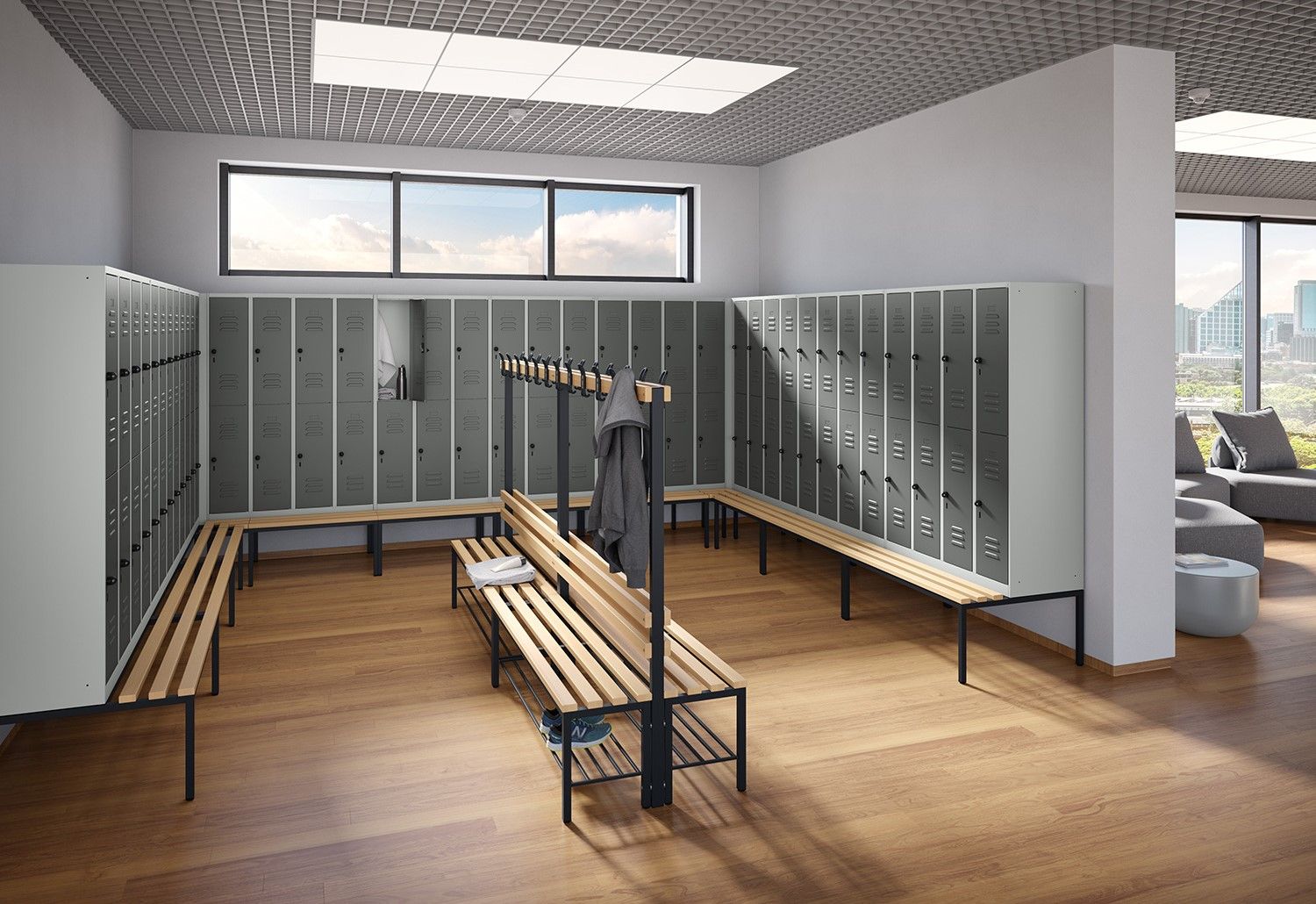 C+P locker, series Evolo PLUS, HPL doors | RAL 9016 Traffic white | Sereno oak decor | 2 | Floor ...